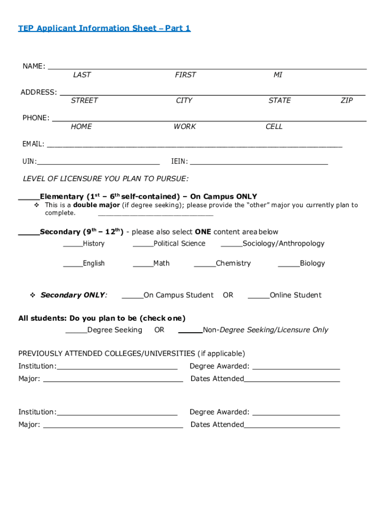 Fillable Online TEP Applicant Information SheetPart 1 Fax Email Print - pdfFiller