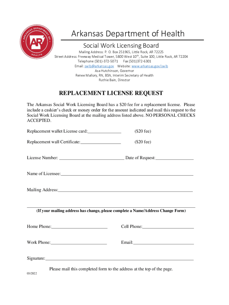 Fillable Online Replacement License Request - Arkansas Department of ...