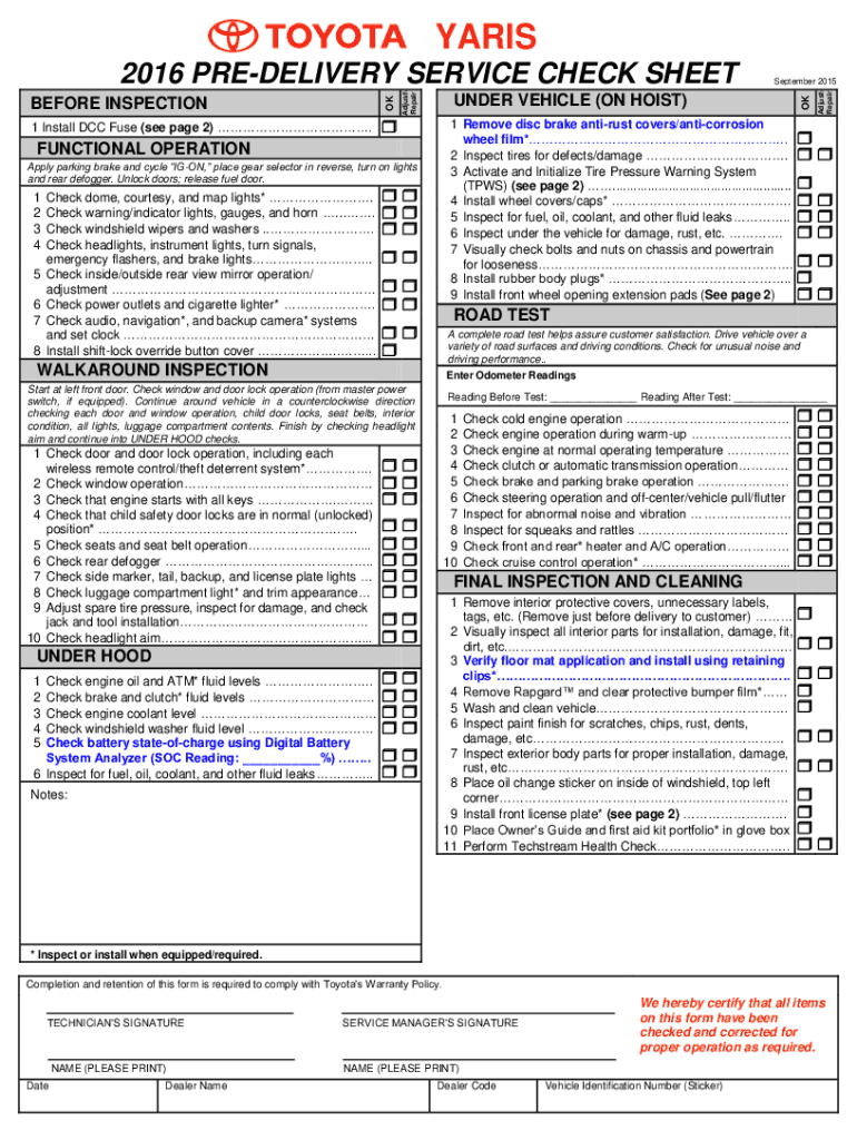 Fillable Online 2016 PRE-DELIVERY SERVICE CHECK SHEET September 2015 ...