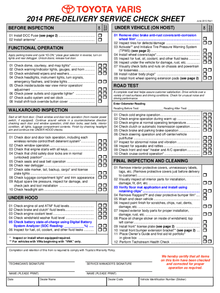 Fillable Online 2014 PRE-DELIVERY SERVICE CHECK SHEET - NHTSA Fax Email ...