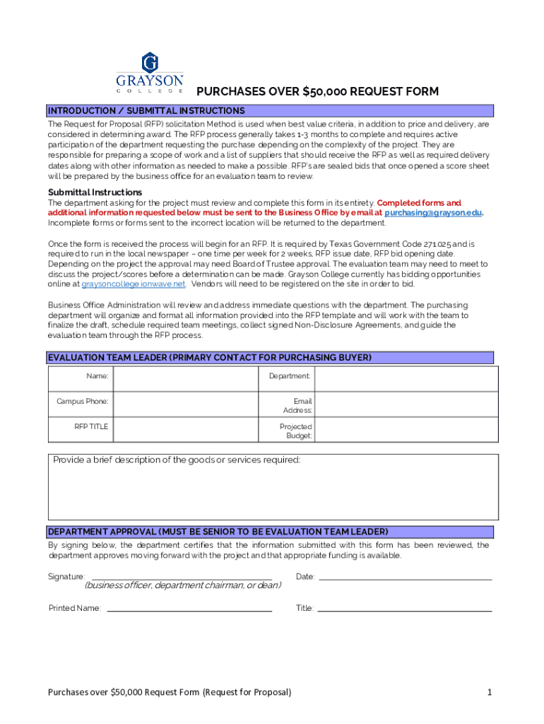 Fillable Online Purchases over $50,000 Request Form. Request for Proposal Fax Email Print ...