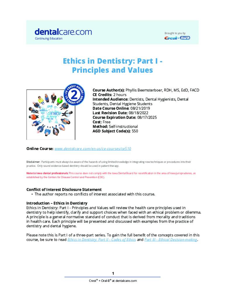 Fillable Online Ethics in Dentistry: Part I - Principles and Values Fax ...