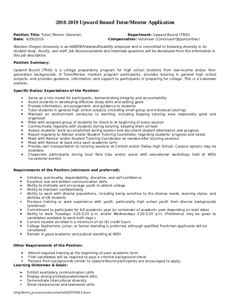 2018-2019 Upward Bound Tutor/Mentor Application Doc Template | pdfFiller