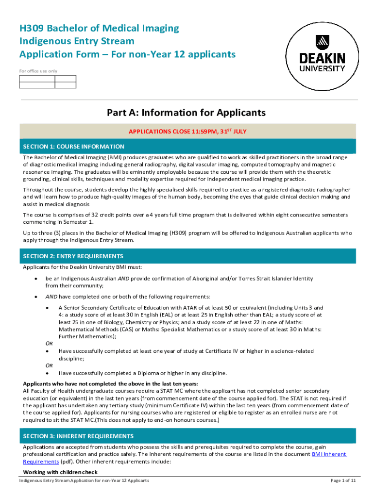 Fillable Online H309 Bachelor of Medical Imaging Indigenous Entry ...