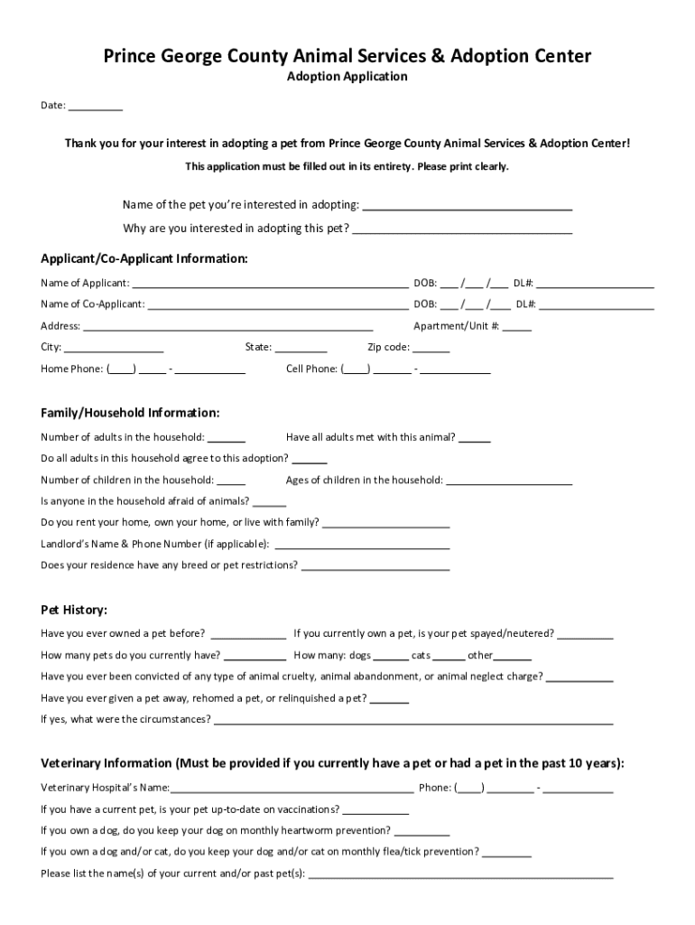 Fillable Online Animal Services & Adoption Center - Prince George ...