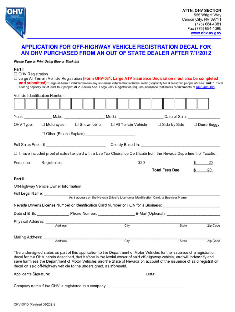 Fillable Online dmv nv Register Your Off-Highway Vehicle - Nevada OHV Fax Email Print - pdfFiller