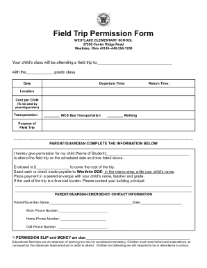 Fillable Online Field Trip Permission Form - Westlake City Schools Fax Email Print - pdfFiller