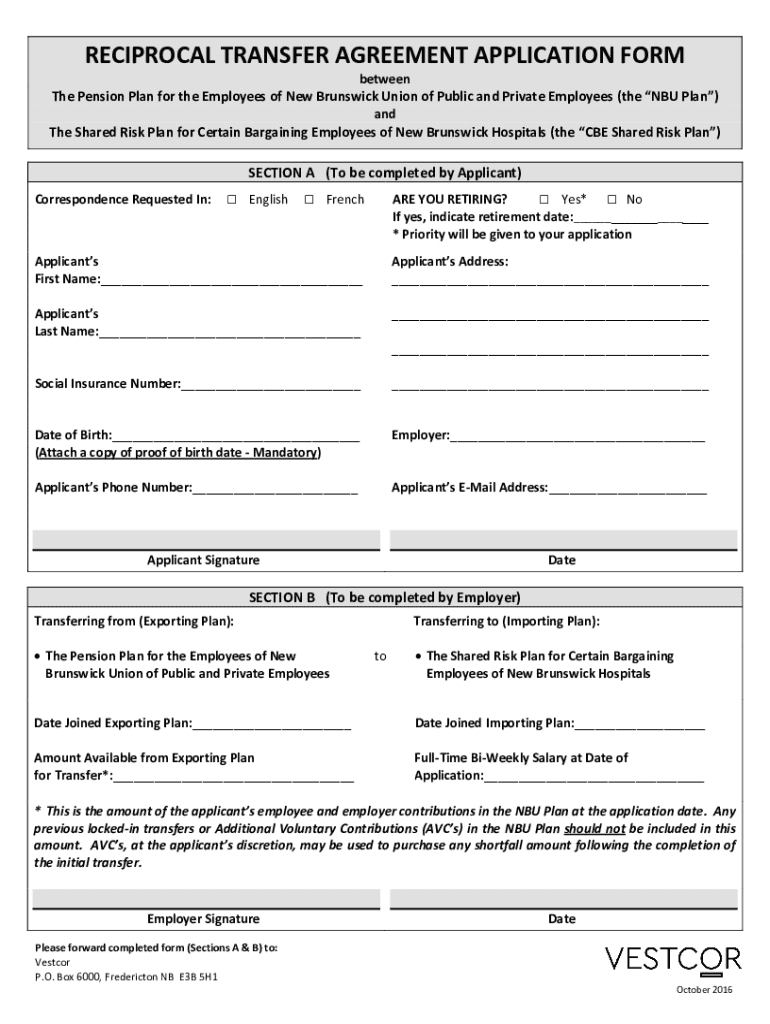 Fillable Online RECIPROCAL TRANSFER AGREEMENT APPLICATION FORM Fax Email Print - pdfFiller