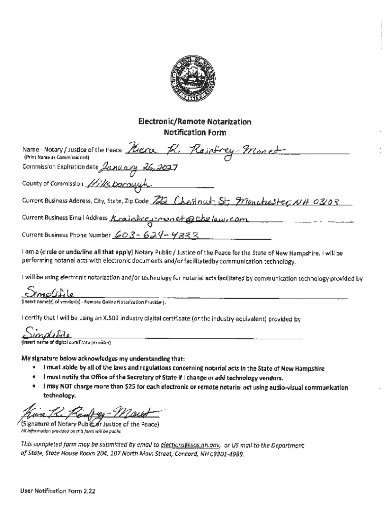 Fillable Online sos nh Remote Notary Notification Form - Maryland ...