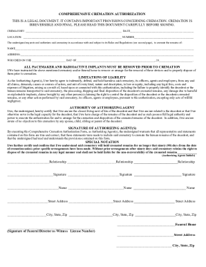 Fillable Online AUTHORIZATION TO CREMATE and ORDER FOR ... Fax Email ...