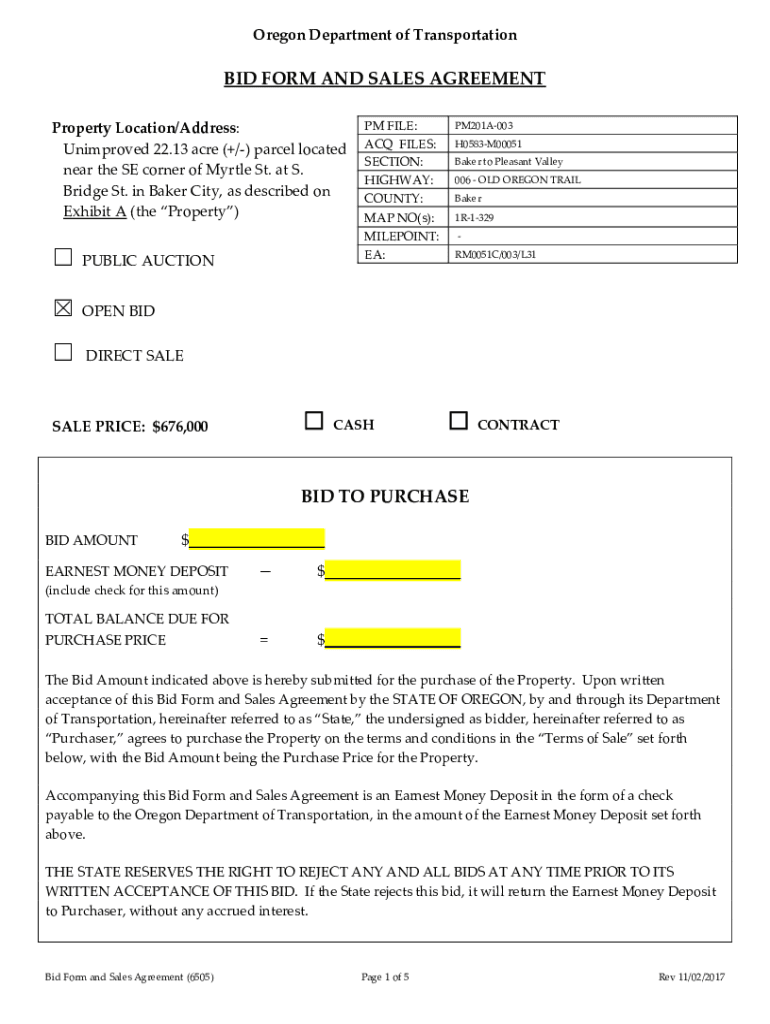 Fillable Online Bid Form and Sales AgreementOregon Department of ...