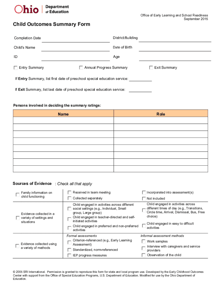 Fillable Online Child Outcomes Summary Form - Children's Medical ...