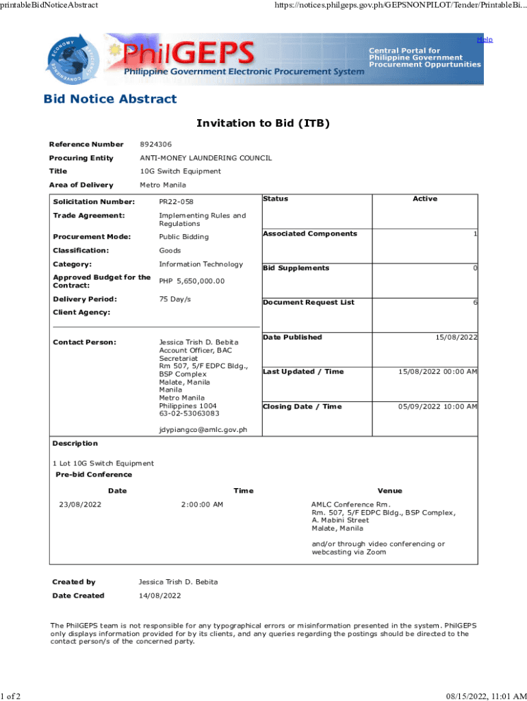 Fillable Online Bid Notice Details - PS-PhilGEPS Fax Email Print - pdfFiller