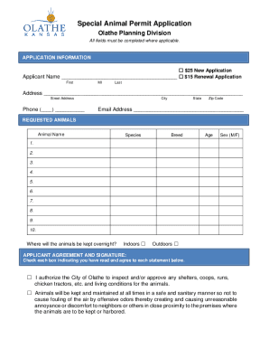Fillable Online Special Animal Permit Application - City of Overland ...