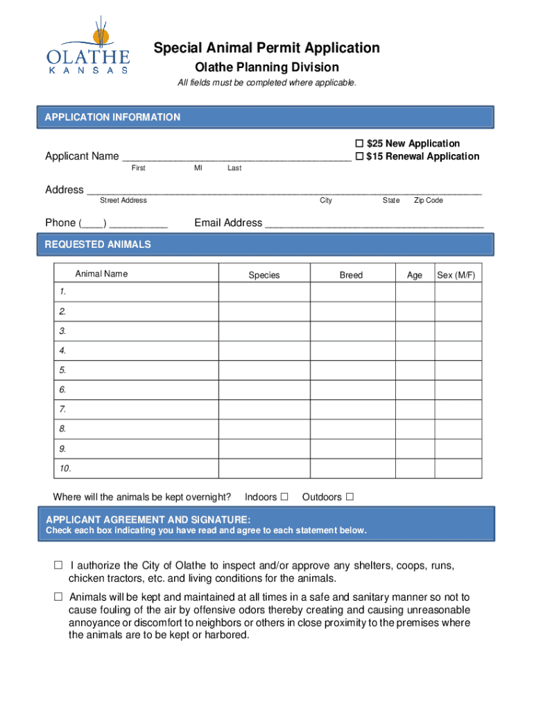 Fillable Online Special Animal Permit Application - City of Overland Park Fax Email Print ...