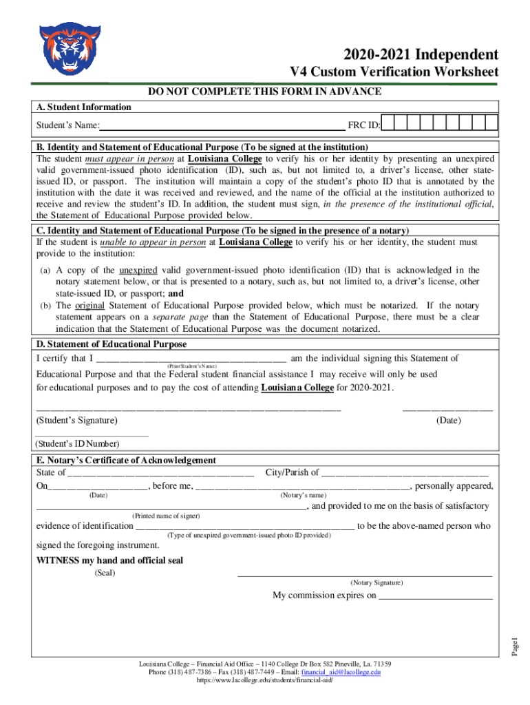 Fillable Online 20202021 Custom Verification Worksheet V4-Independent ... Fax Email Print ...