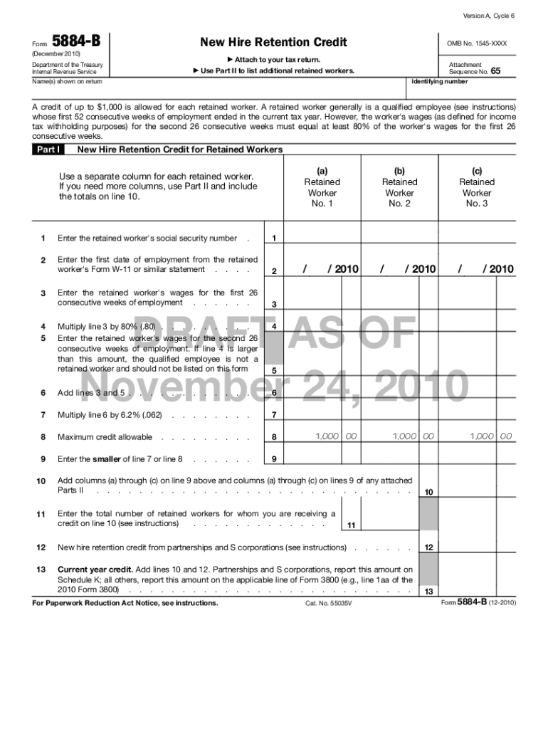 Fillable Online Form 5884-B (Rev. December 2010). New Hire Retention ...