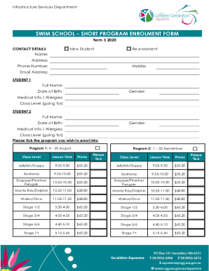 Fillable Online SWIM SCHOOL SHORT PROGRAM ENROLMENT FORM Fax Email ...