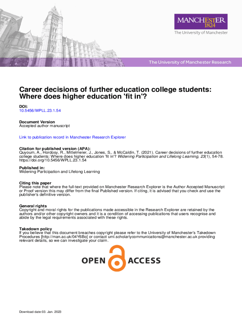 Fillable Online research manchester ac Career decisions of further education college students ...