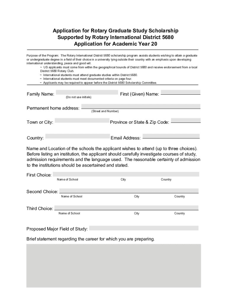 Fillable Online Application for Rotary Graduate Study Scholarship ...