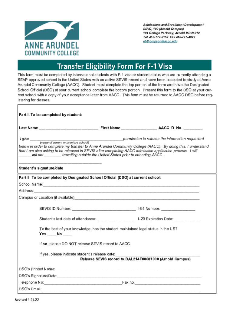 Fillable Online Transfer Eligibility Form for F-1 Visa Fax Email Print ...