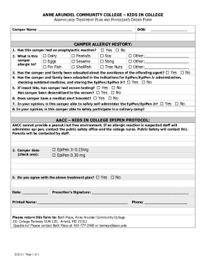 Fillable Online Allergy/Anaphylaxis Action Plan Form - L'Anse Area ...