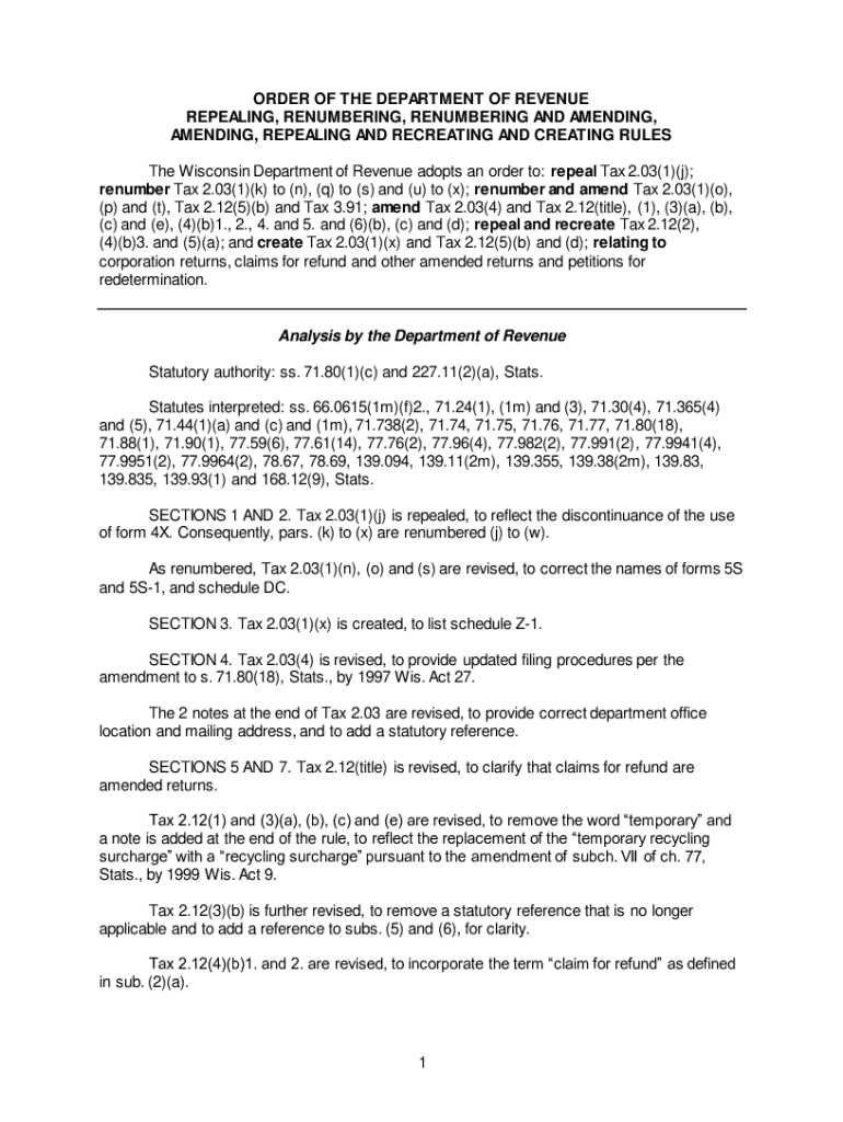Fillable Online docs legis wisconsin order of the department of revenue adopting an emergency ...
