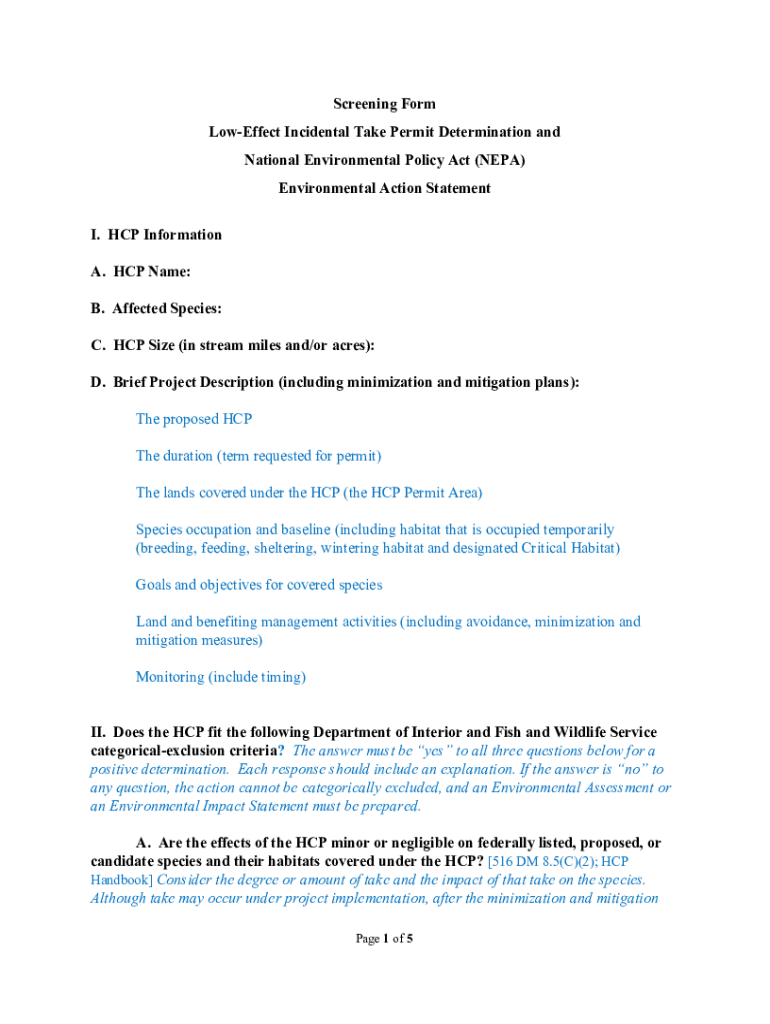 Fillable Online Screening Form for Low-effect Incidental Take Permit ...