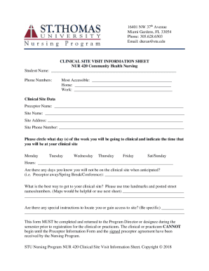 Fillable Online STU Nursing Program NUR 420 Clinical Site Visit ...