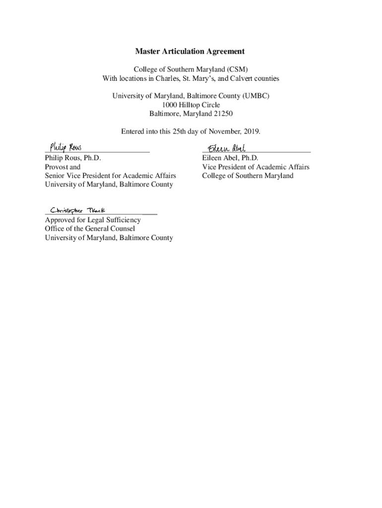 Fillable Online Articulation Agreement - College of Southern Maryland ...