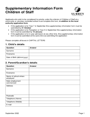 Fillable Online Supplementary Information Form Children of Staff Fax ...
