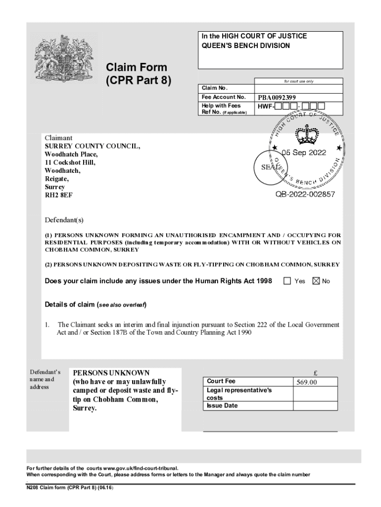 Fillable Online Claim Form CPR Part 8 Surrey County Council Fax