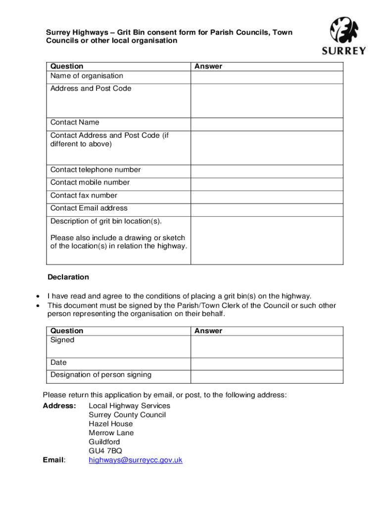 Fillable Online Grit bin - Town and Parish Council consent form Fax ...