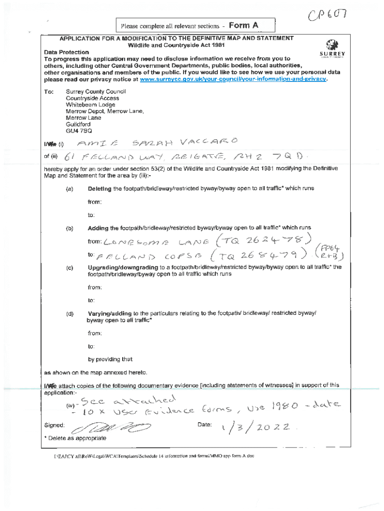 Fillable Online Lonsome Lane to Felland Copse CP607 application form ...