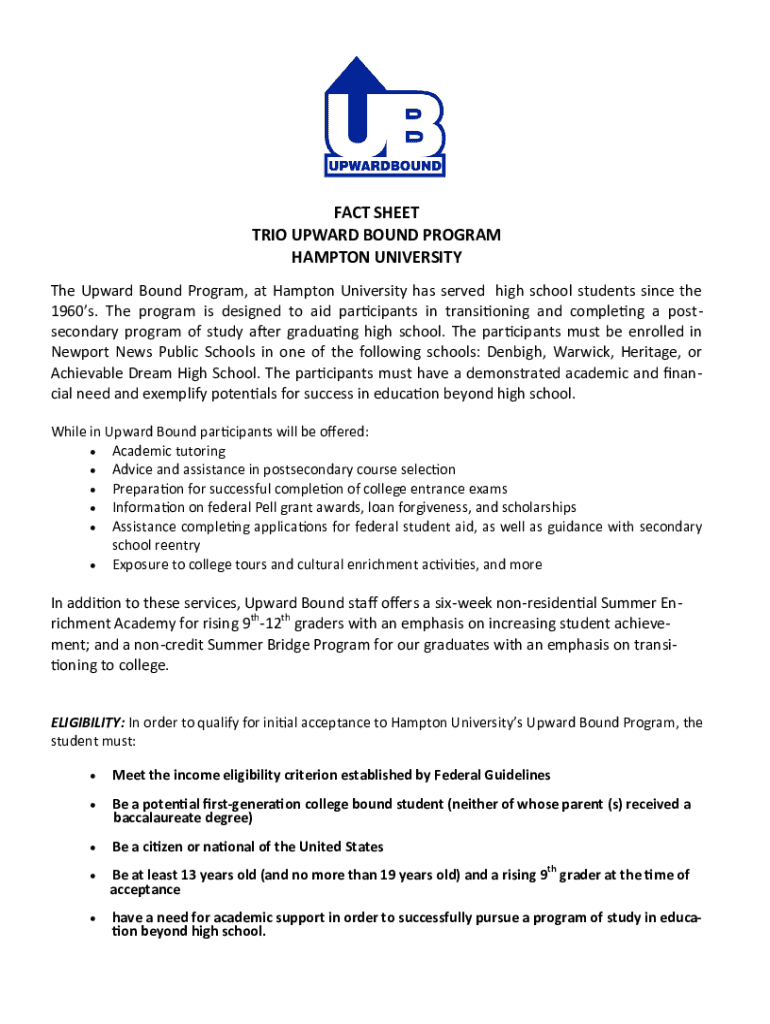 Fillable Online FACT SHEET TRIO UPWARD BOUND PROGRAM HAMPTON ... Fax Email Print - pdfFiller