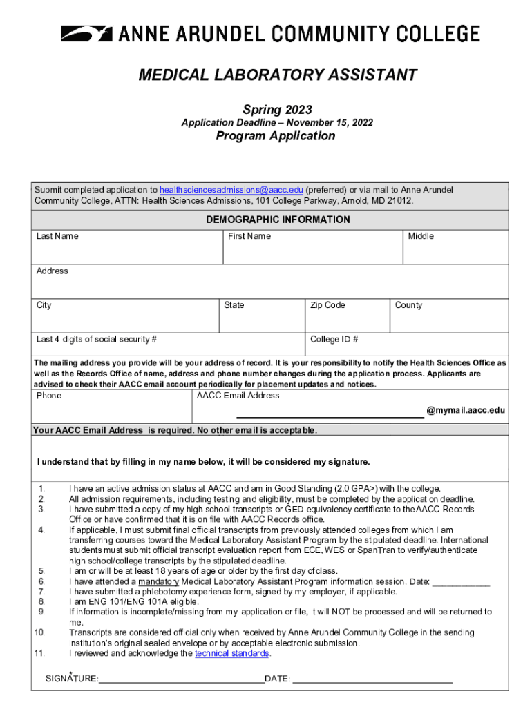 Fillable Online Program Name: Medical Laboratory Assistant (certificate ...