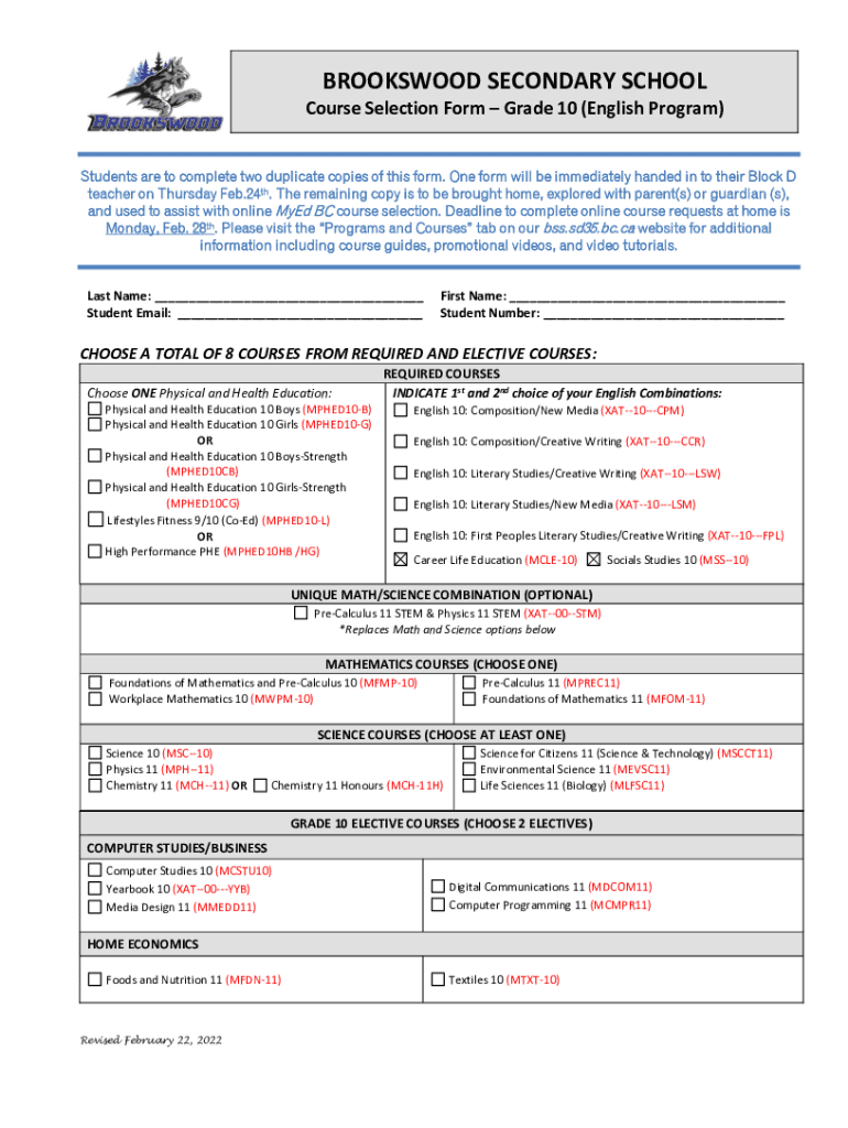 Fillable Online 10th Grade Course Selection Sheet (Class of 2025) Fax Email Print - pdfFiller