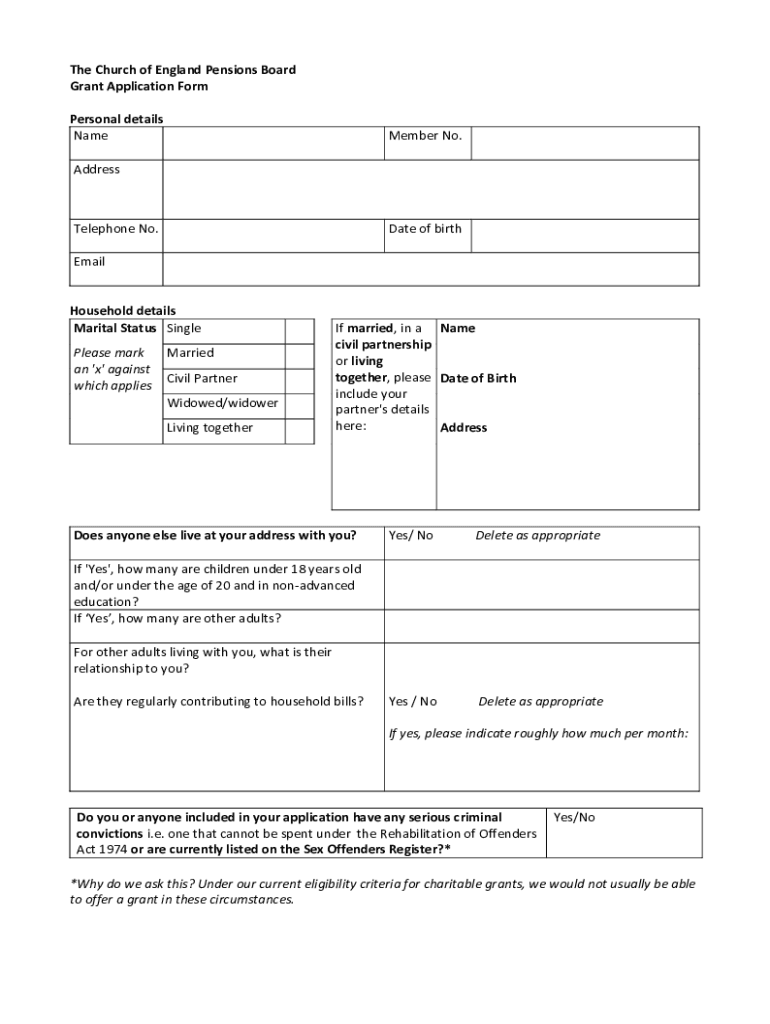 Fillable Online The Church of England Pensions Board Grant Application ...