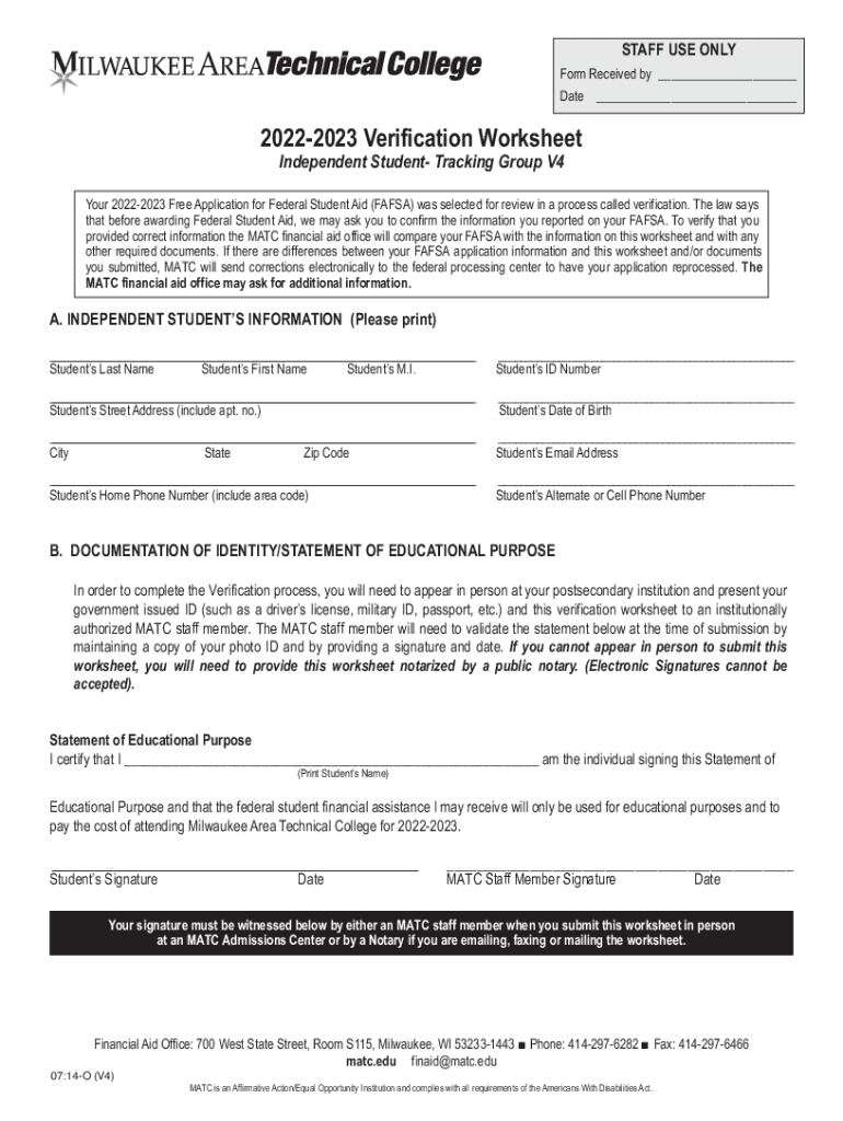 Fillable Online 2022-2023 Verification Worksheet Independent Student - Tracking ... Fax Email ...