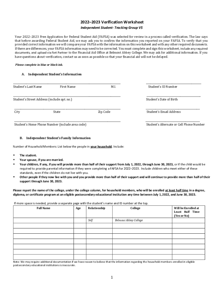 Fillable Online 20222023 Verification Worksheet V5 - Independent Student Fax Email Print - pdfFiller