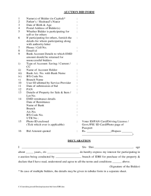 Fillable Online AUCTION BID FORM 1 Name(s) of Bidder (in Capital) Fax ...
