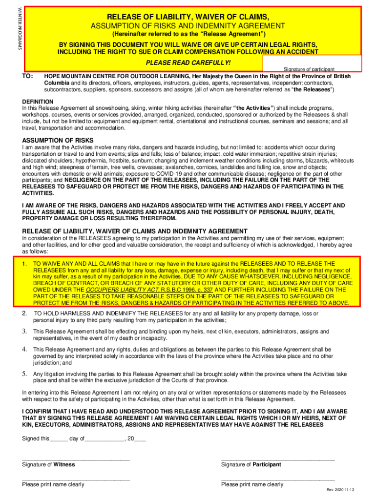 Fillable Online Release of Liability, Waiver of Claims and Assumption of Risk ... Fax Email ...