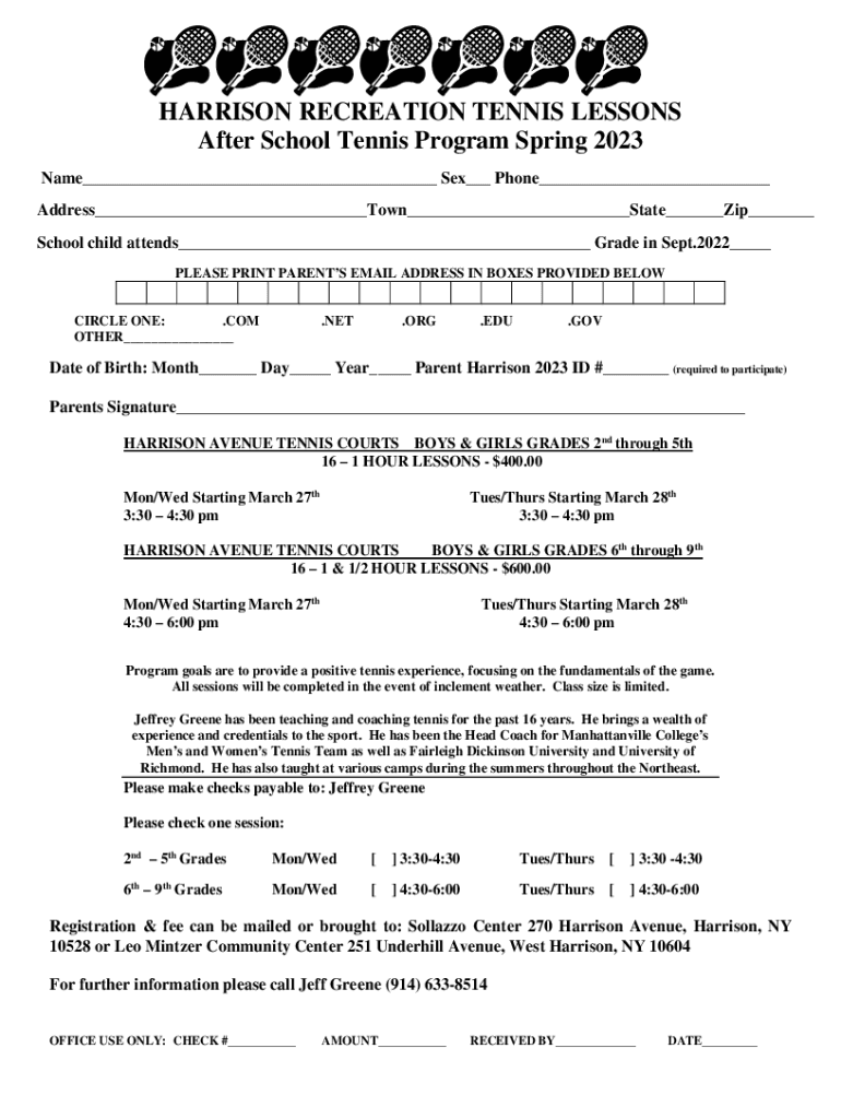 Fillable Online HARRISON RECREATION TENNIS LESSONS After School Tennis ... Fax Email Print ...