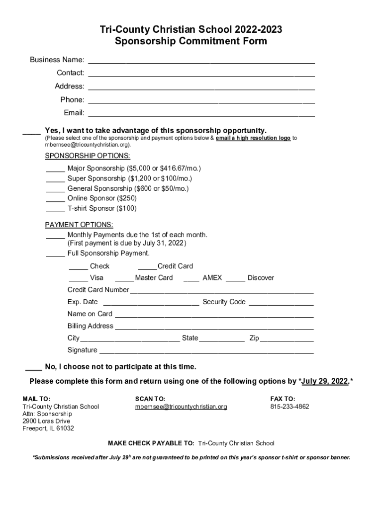 Fillable Online Tri-County Christian School Sponsorship Commitment Form ...