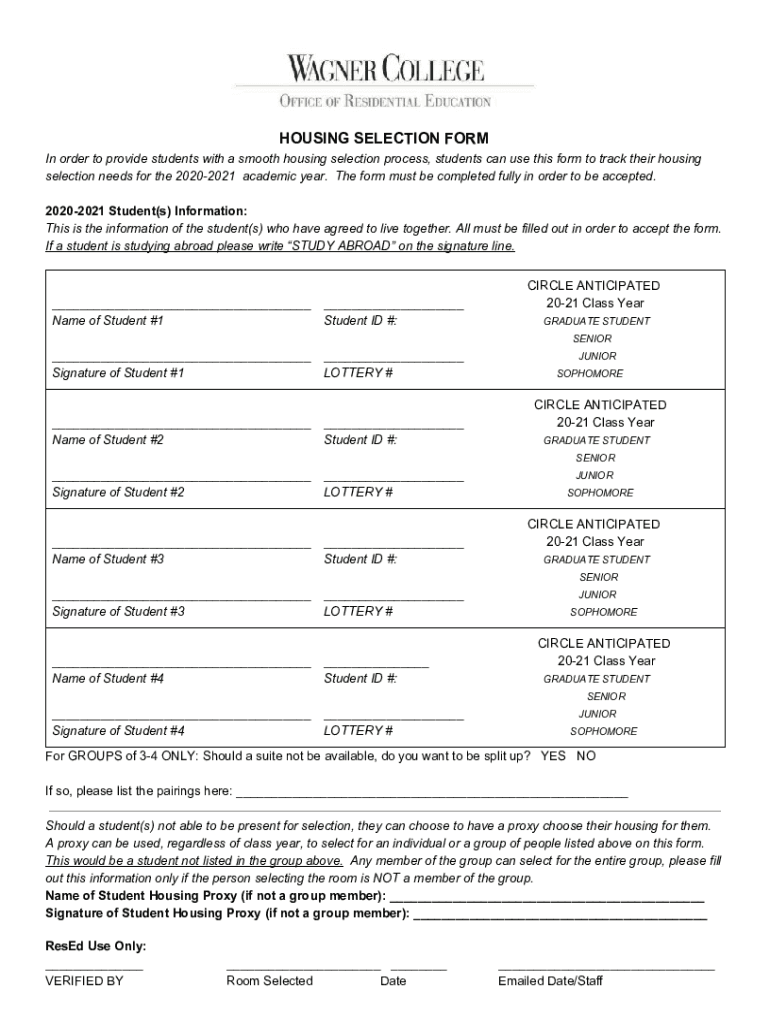 Fillable Online HOUSING SELECTION FORM Fax Email Print - pdfFiller