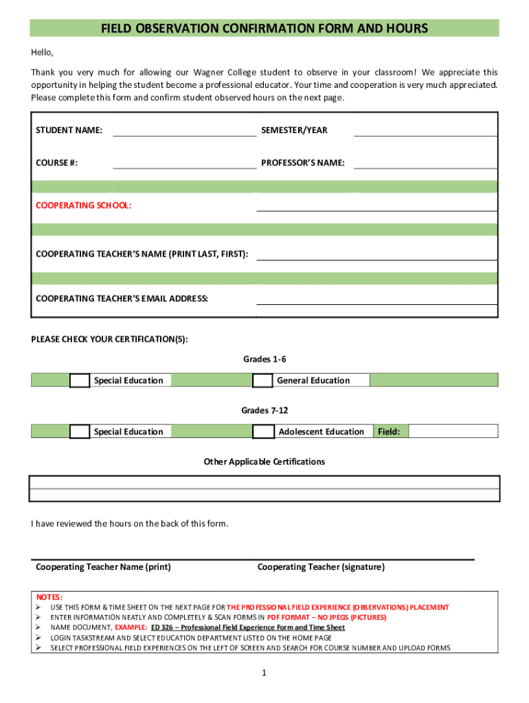 Fillable Online field observation confirmation form and hours - Wagner ...