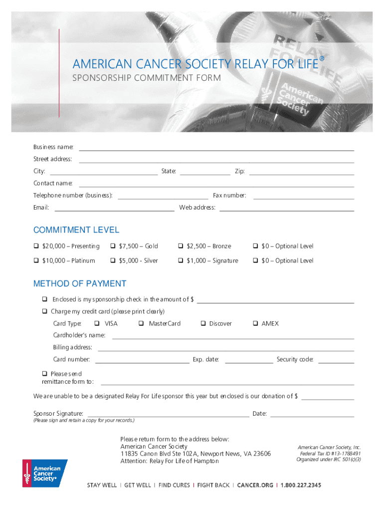 Fillable Online relay acsevents RFL 2015 Sponsorship Commitment Form ...