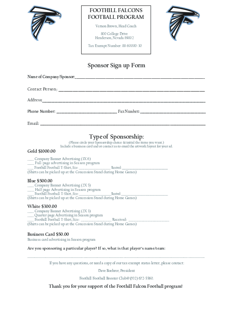 Fillable Online Sponsor Sign up Form Type of Sponsorship: Fax Email ...