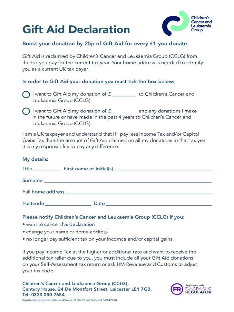 Fillable Online Gift Aid Declaration Form for Brain Tumour Research Fax ...