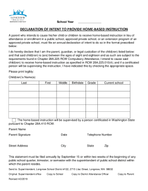 Fillable Online Letter Of Intent To Homeschool Washington State Fax ...